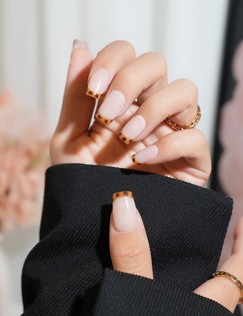 Tortoiseshell French Tip Press-On Nails – Short Square with Nude Base