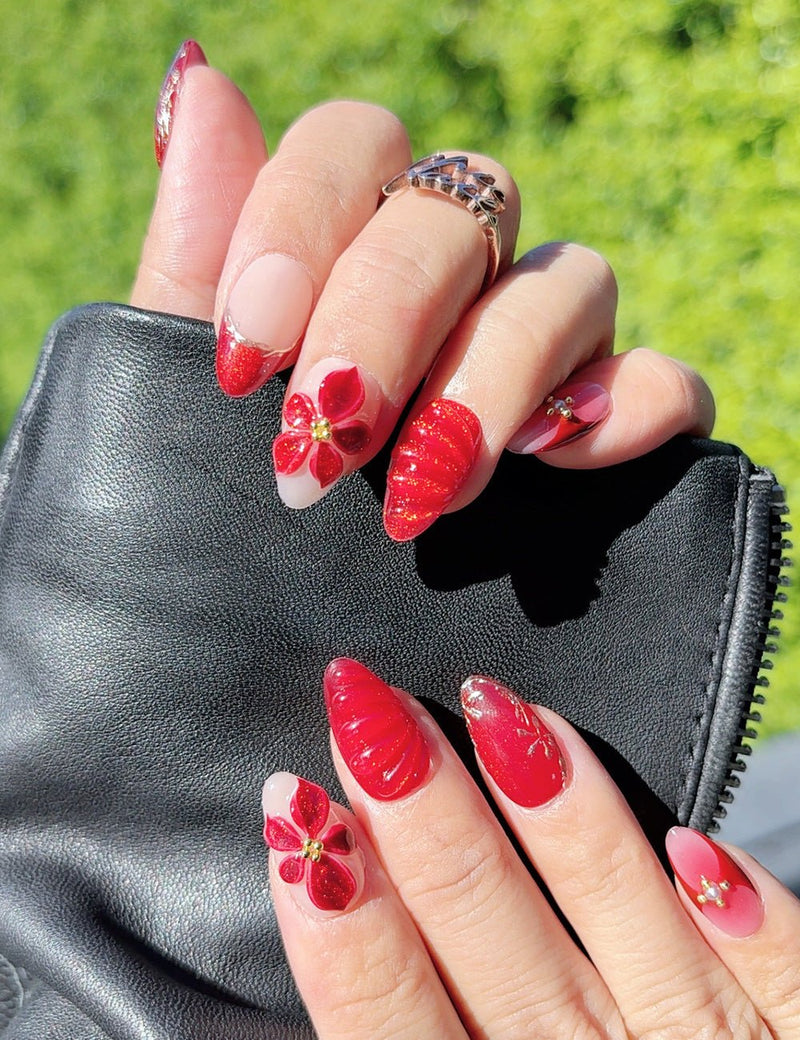 Raspberry Martini – Berry Red Floral 3D Short Almond Press-On Nails